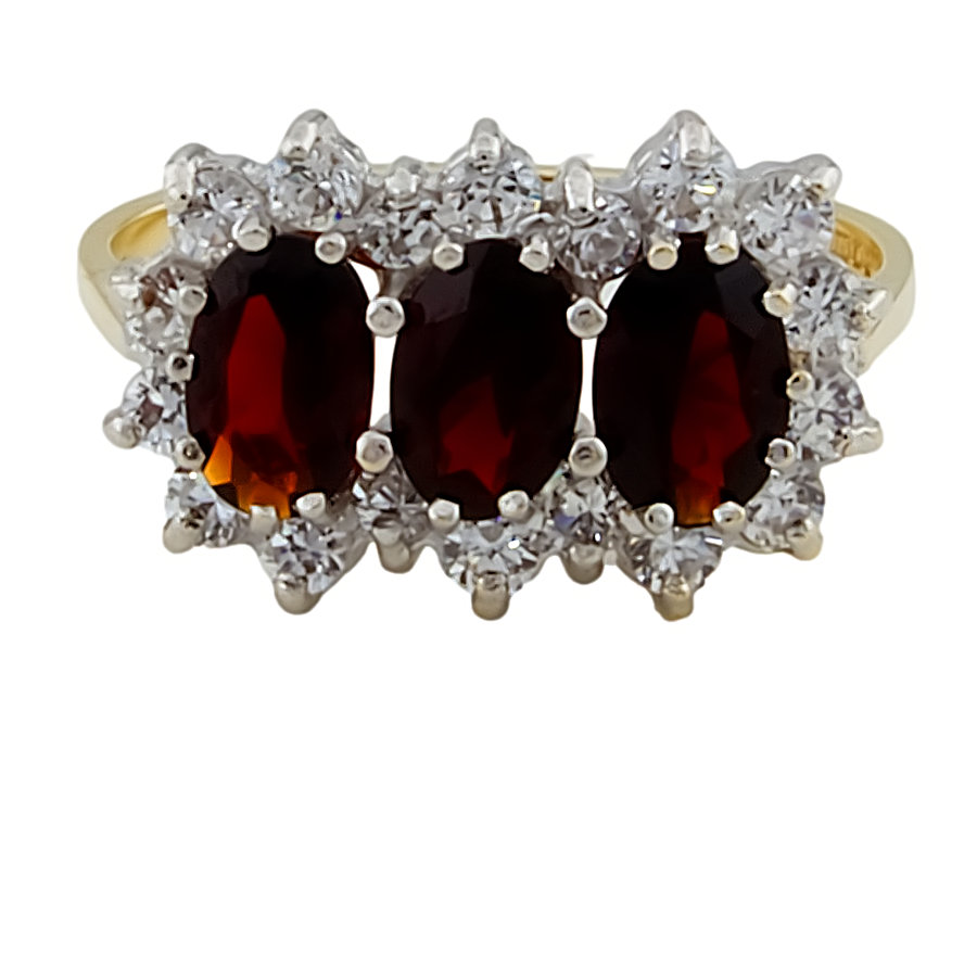 Second hand 9ct Gold Garnet / Cubic Zirconia 3 Stone Ring size M
