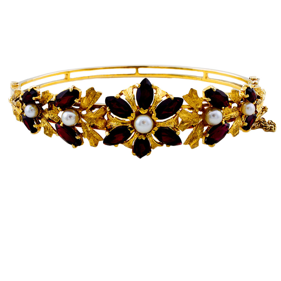9ct Gold Garnet / Pearl Hinged Bangle